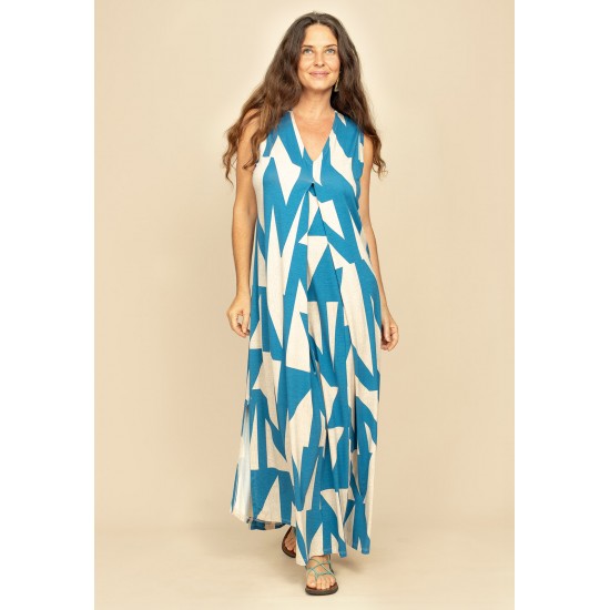 Vestido Longo Acará Malha Estampa Geométrico Blue
